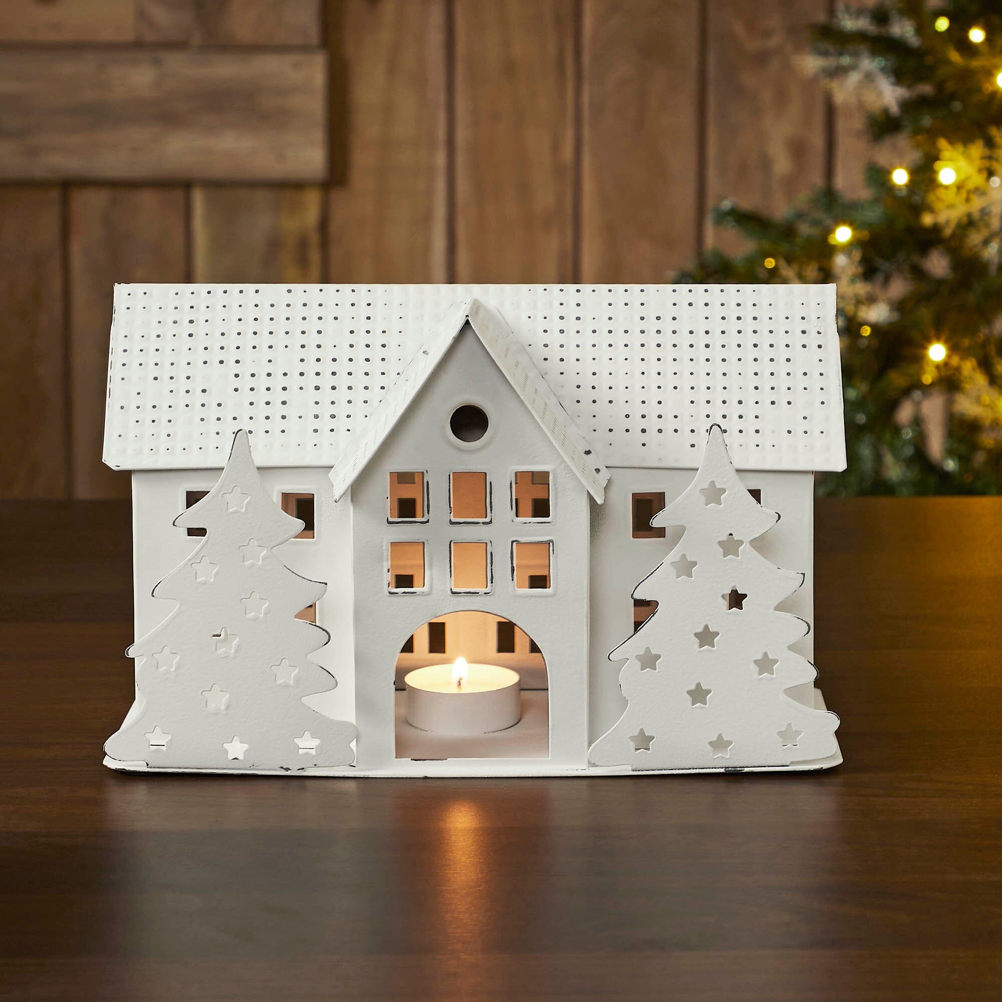 Antique White Metal Tealight Village House with Trees - 6.75"