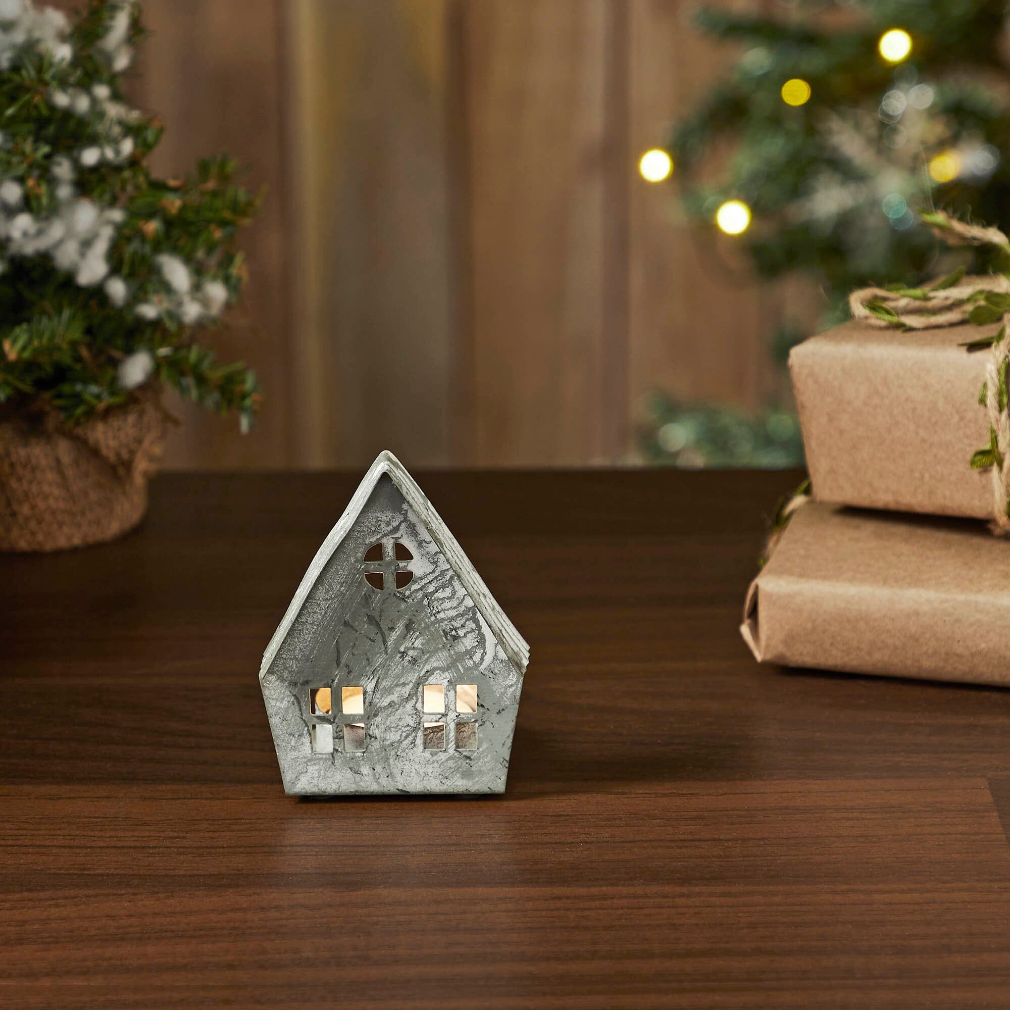 Antique Grey Metal Pitched Roof Tealight Village House - 3"