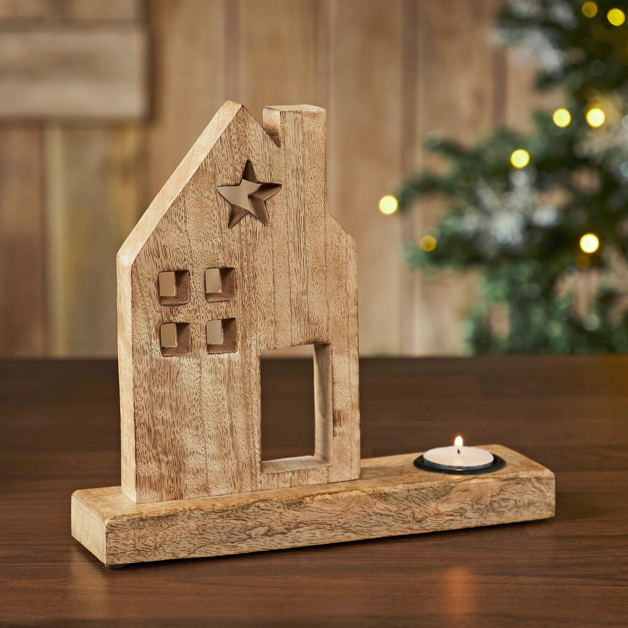 Natural Wooden Saltbox House Tealight Holder - 9"
