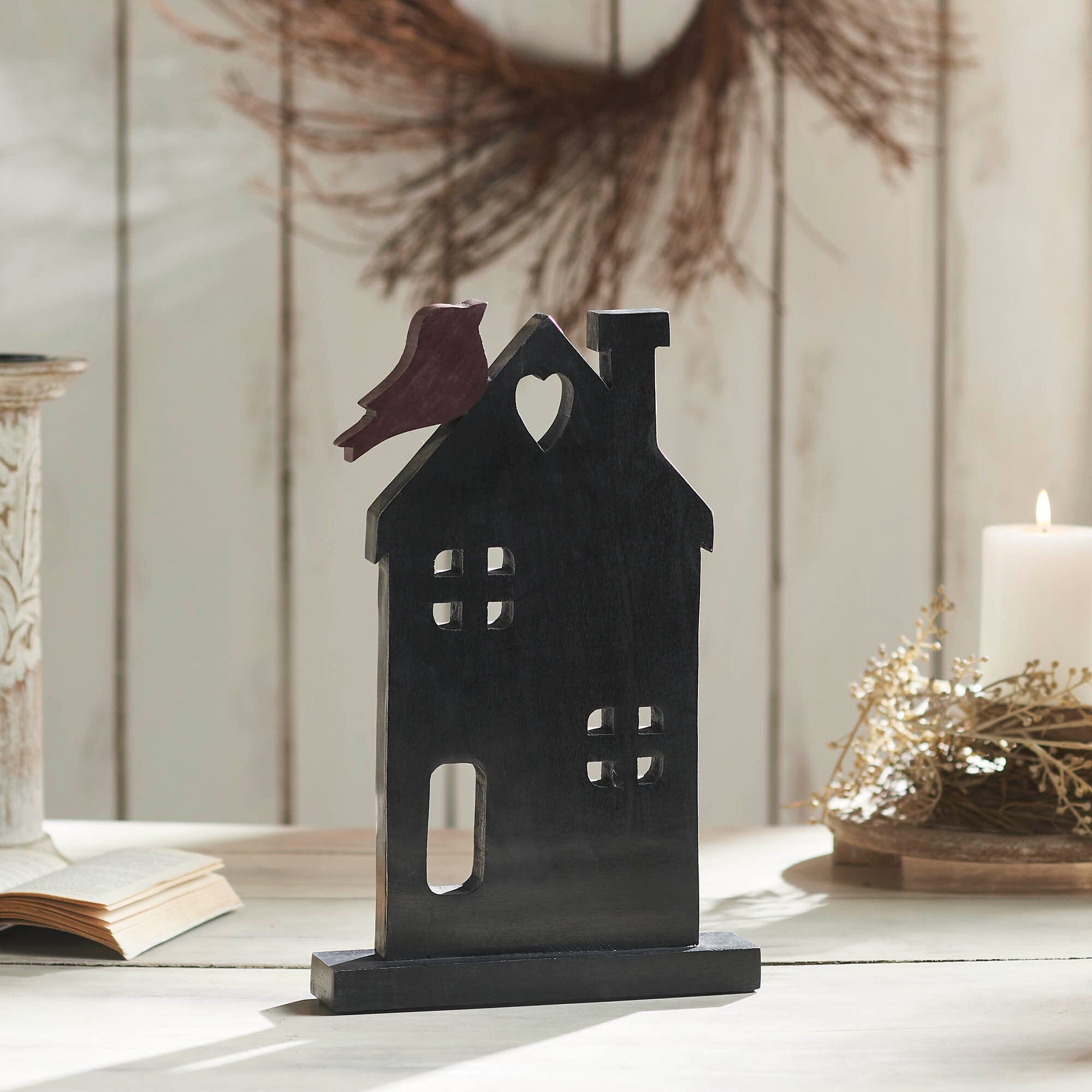 Country Black Primitive Wooden House with Bird 14x9"