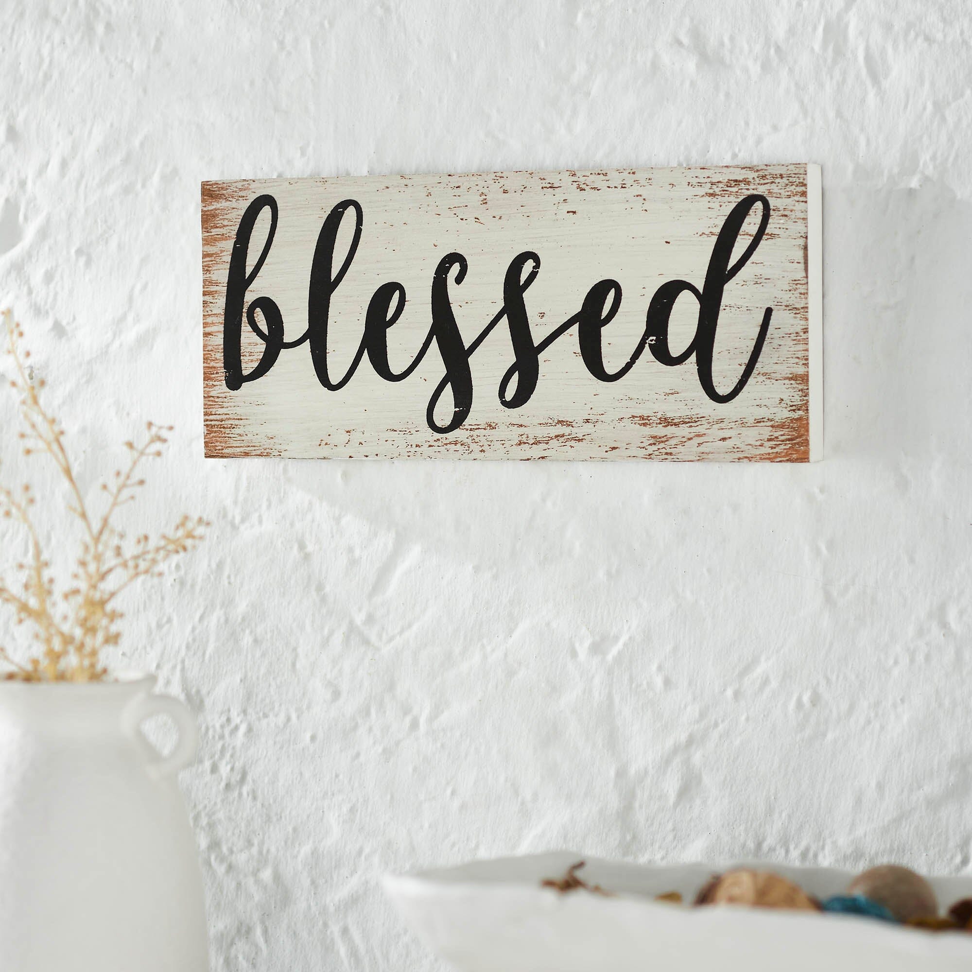 Farmhouse Chic Whitewashed "Blessed" Wood Sign 7x16"