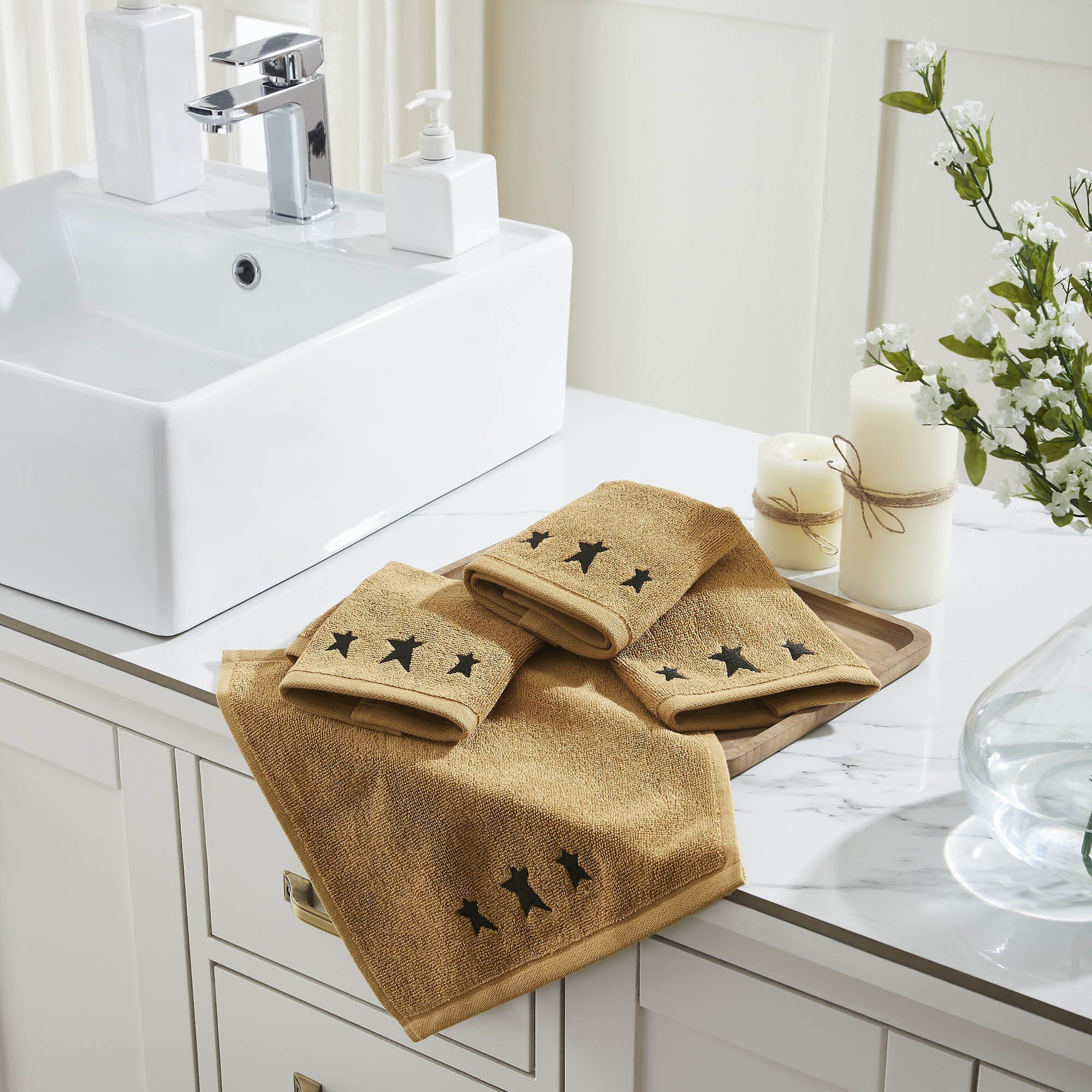 Tan Washcloth with Black Prim Stars - Set of 4