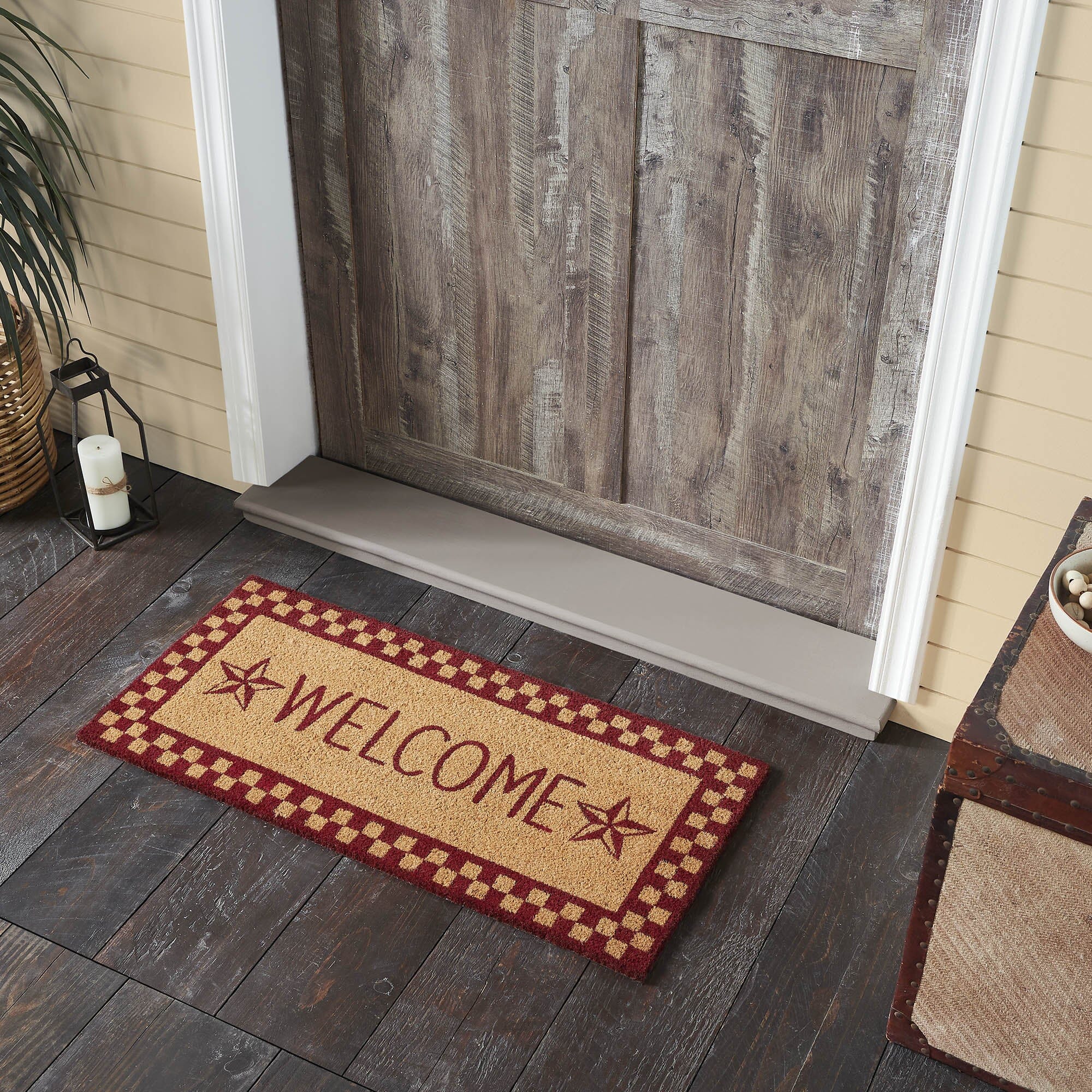 Burgundy Check Stars Coir "Welcome" Rectangle Rug 17x36"
