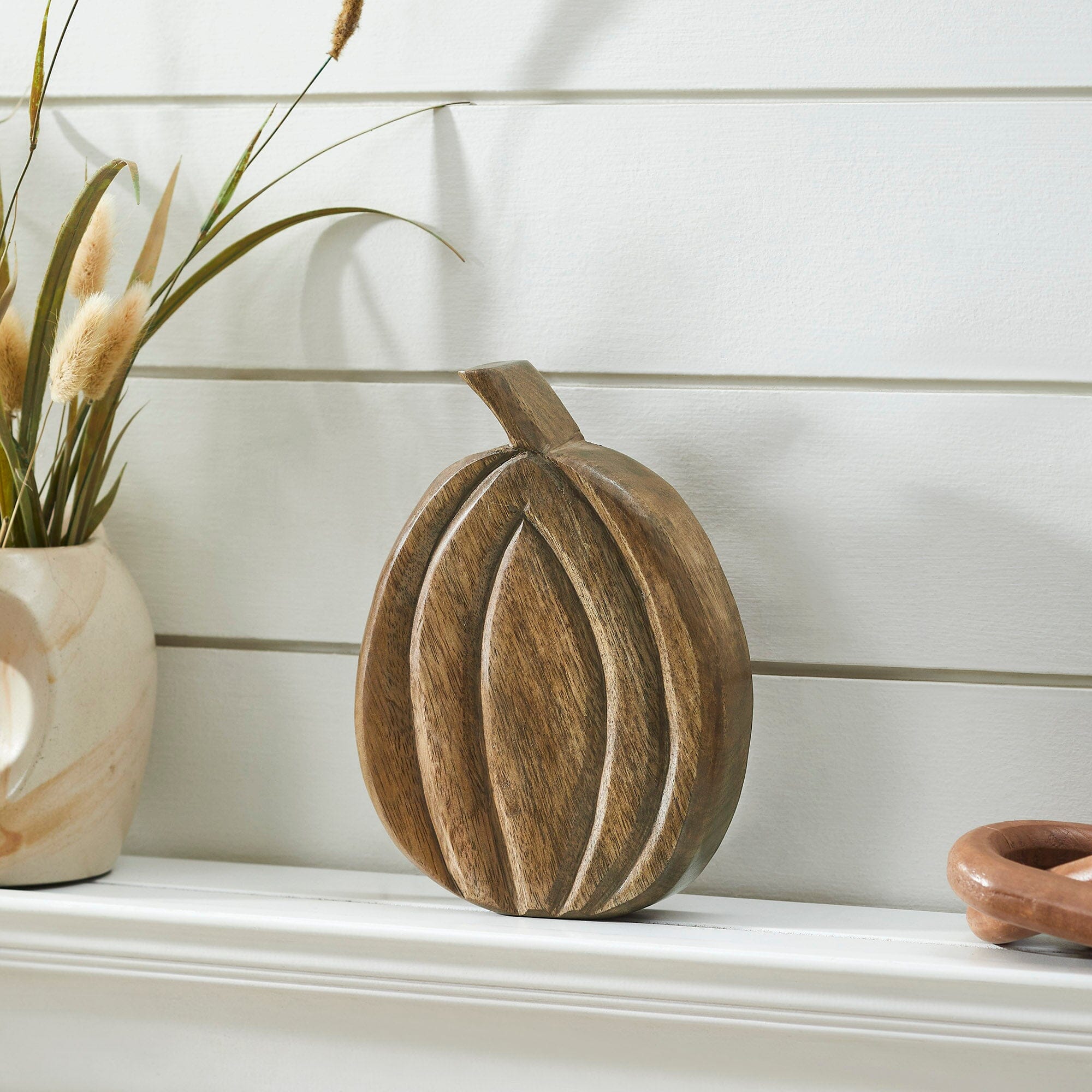Carved Walnut Brown Wood Pumpkin 8x6"