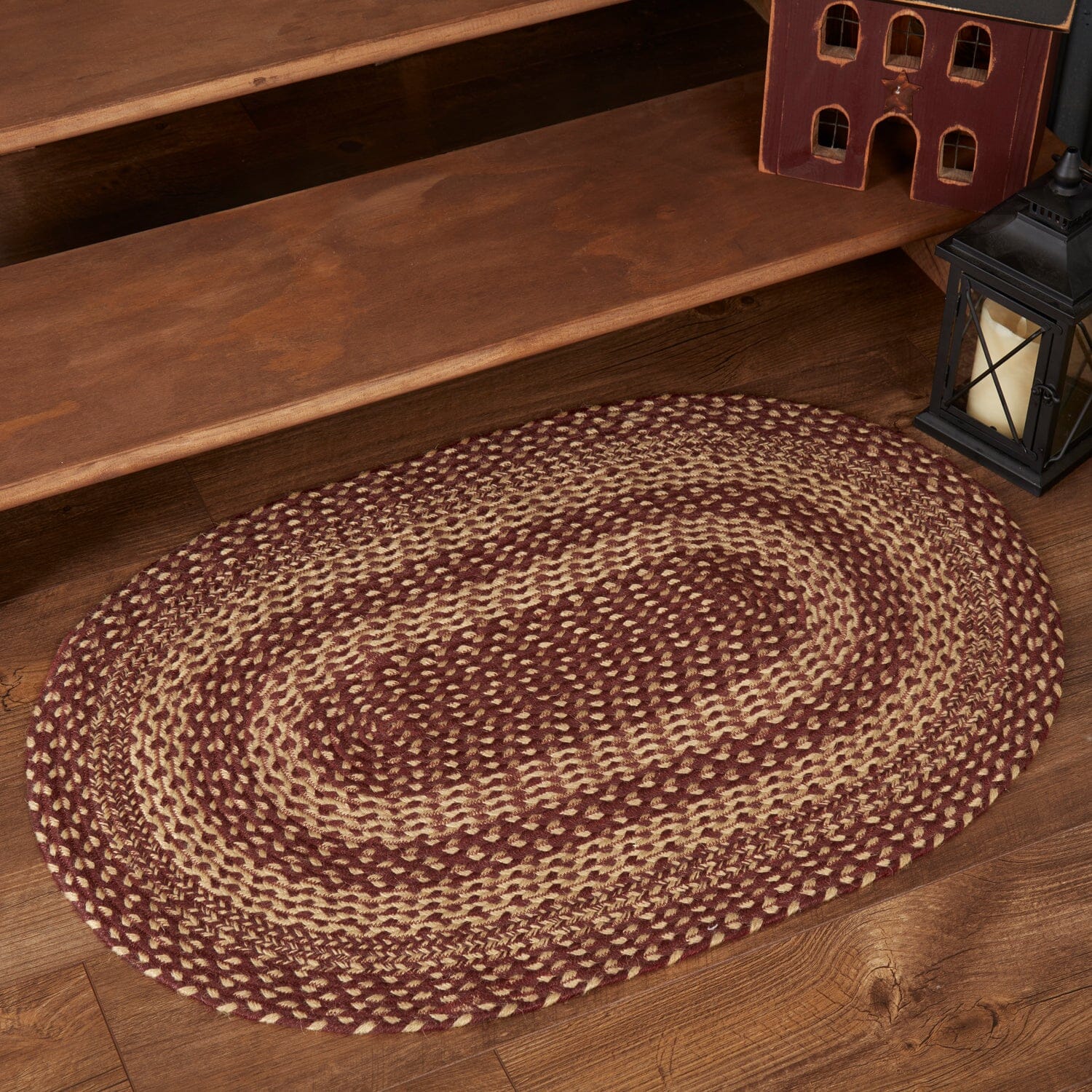 Burgundy and Tan Oval Braided Rug 24x36"
