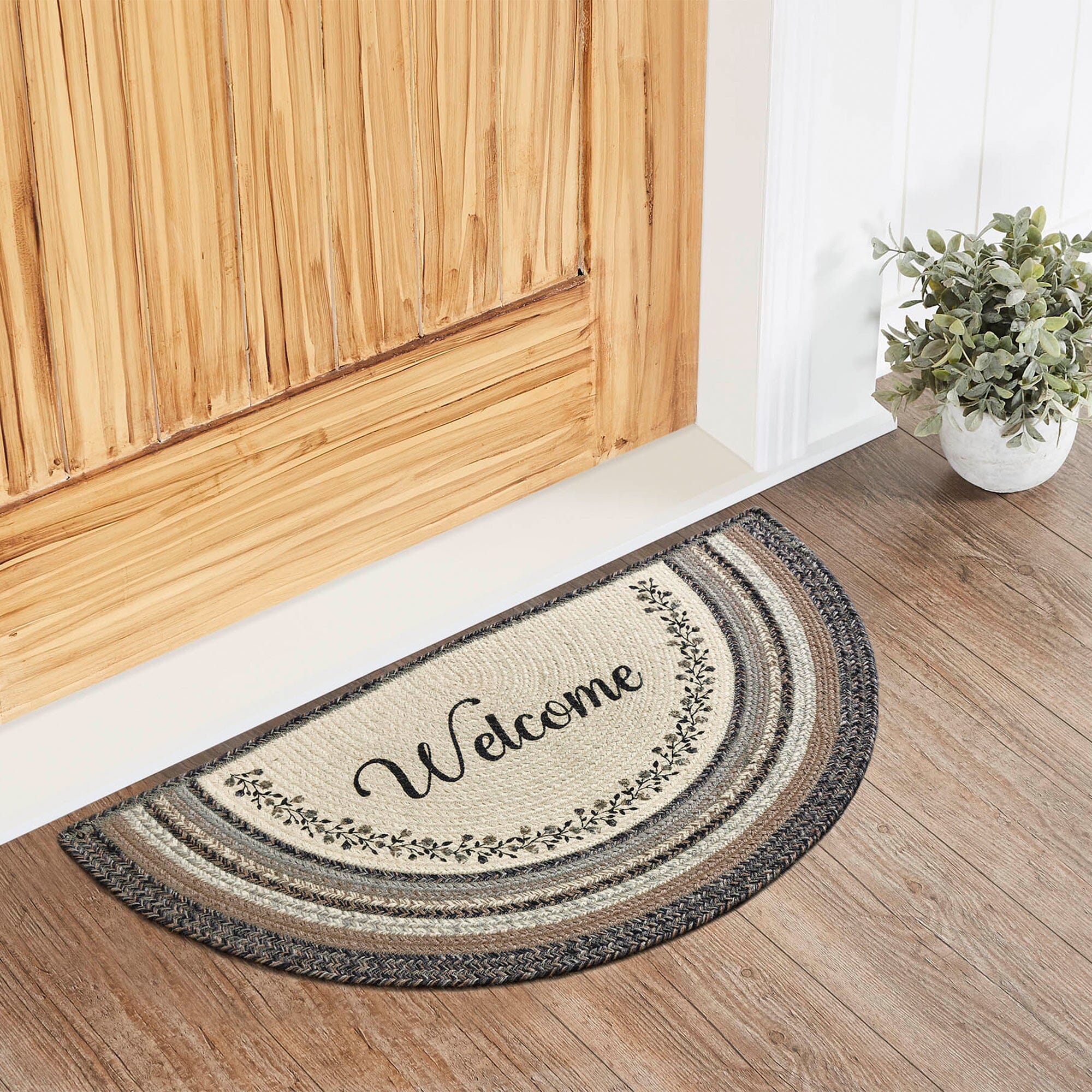 Floral Vine "Welcome" Half Circle Braided Rug 19.5x36" - with Pad