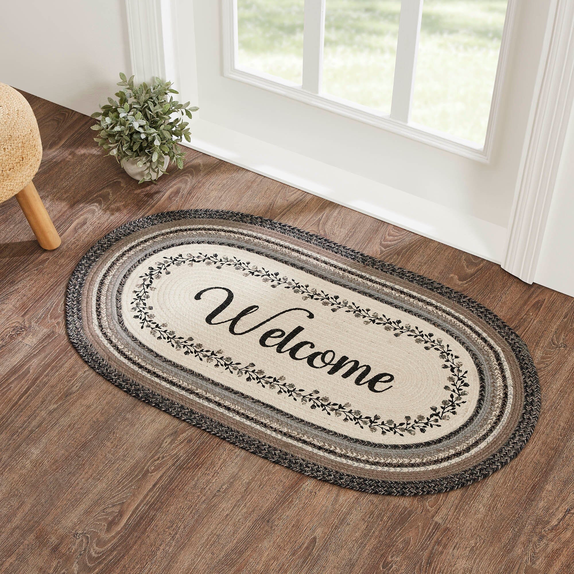 Floral Vine "Welcome" Oval Braided Rug 27x48" - with Pad