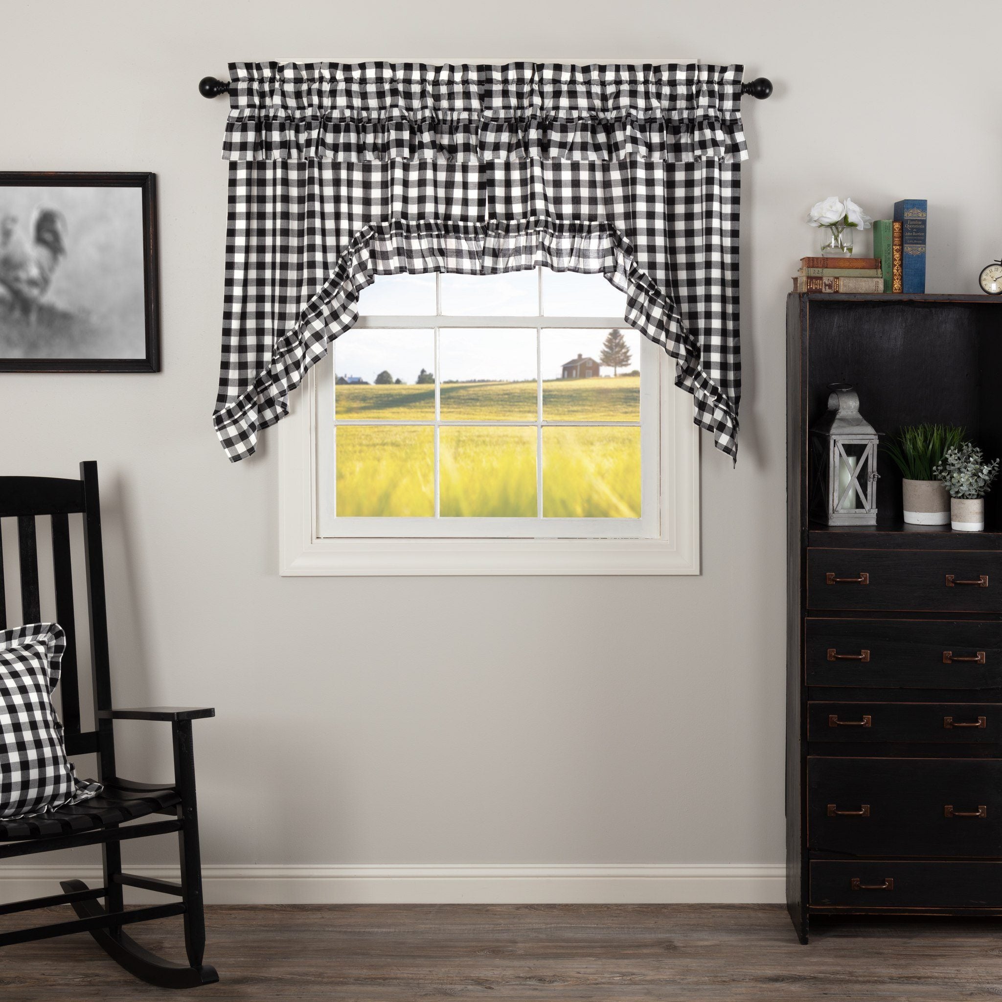 Annie Buffalo Check Black Ruffled Lined Swag Curtains