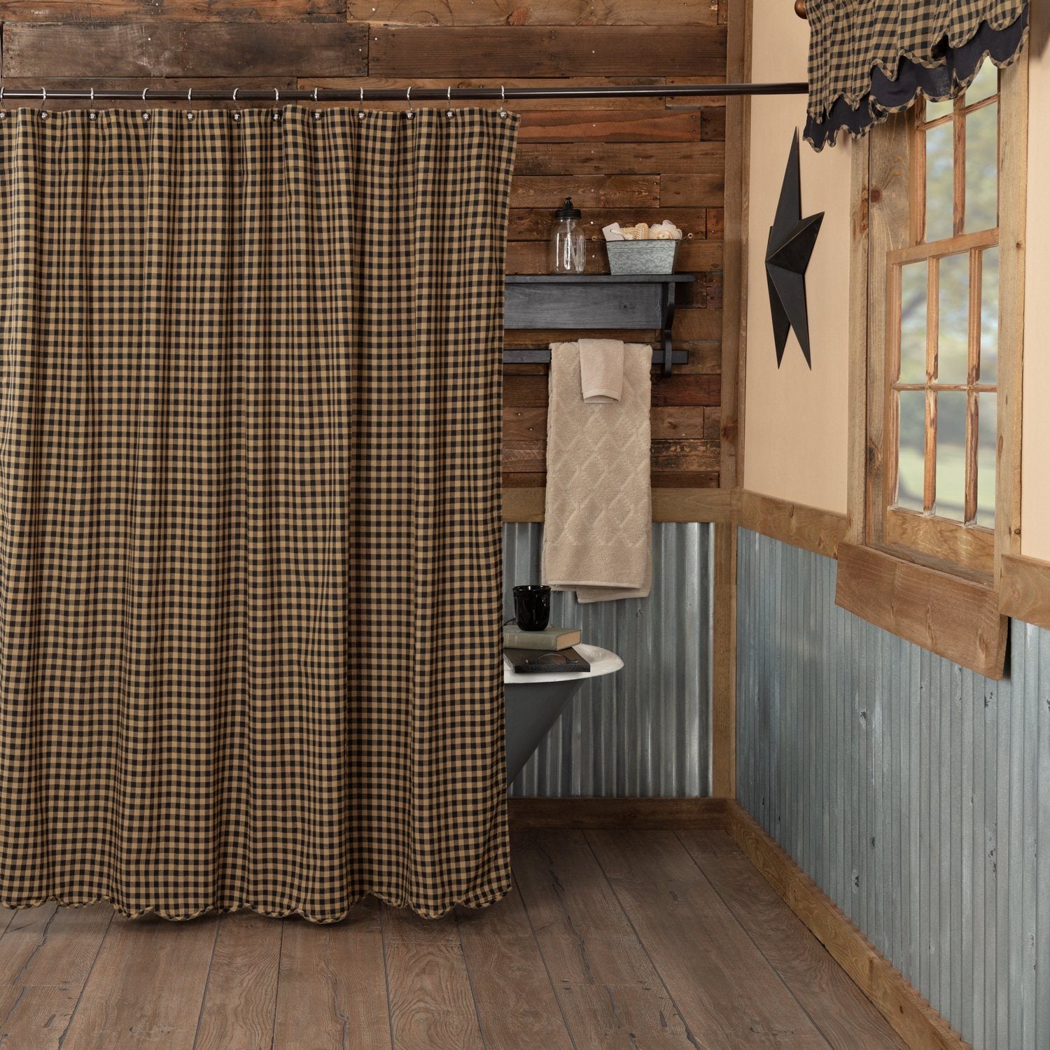 Black Check Scalloped Shower Curtain