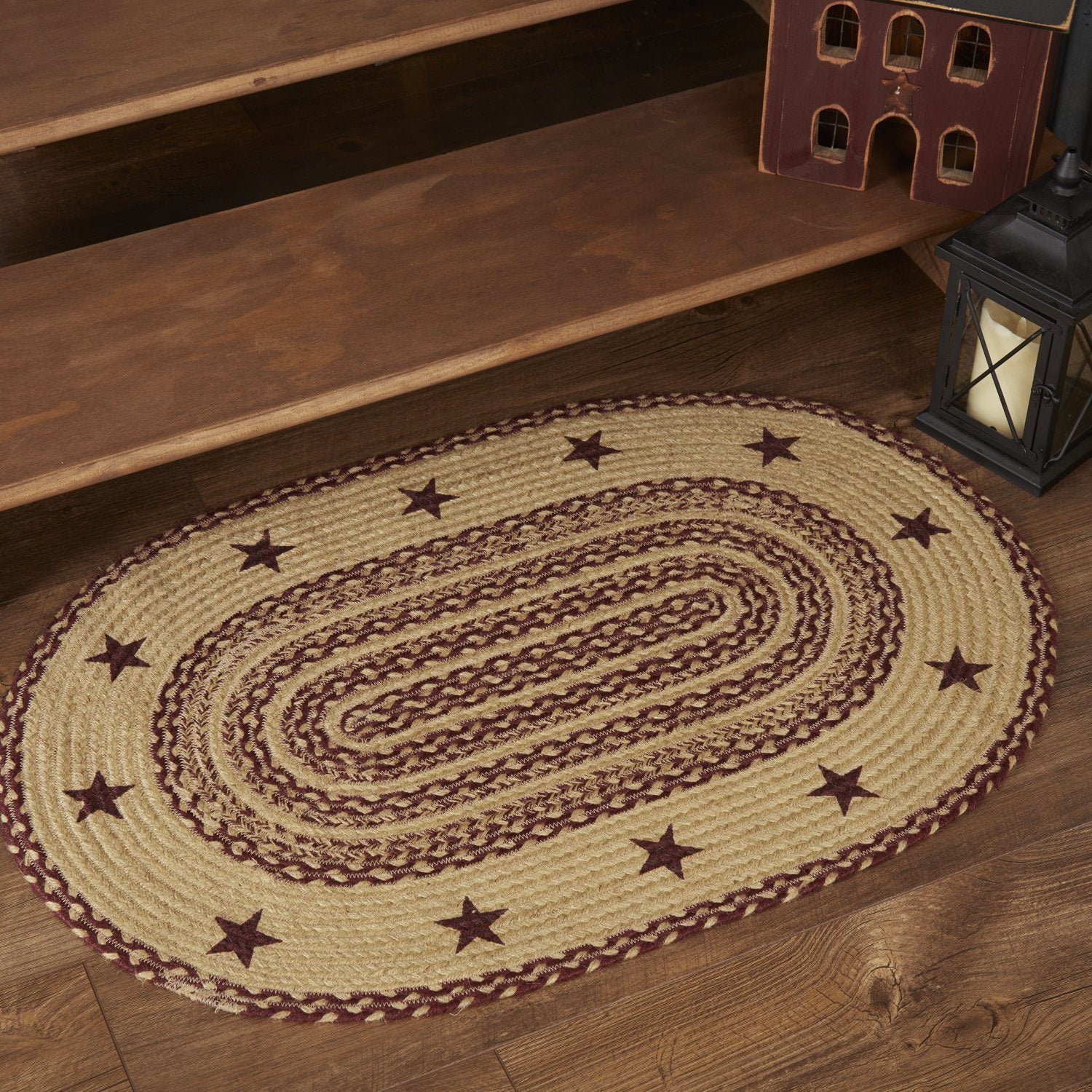 Burgundy and Tan Stencil Star Oval Braided Rug 24x36"