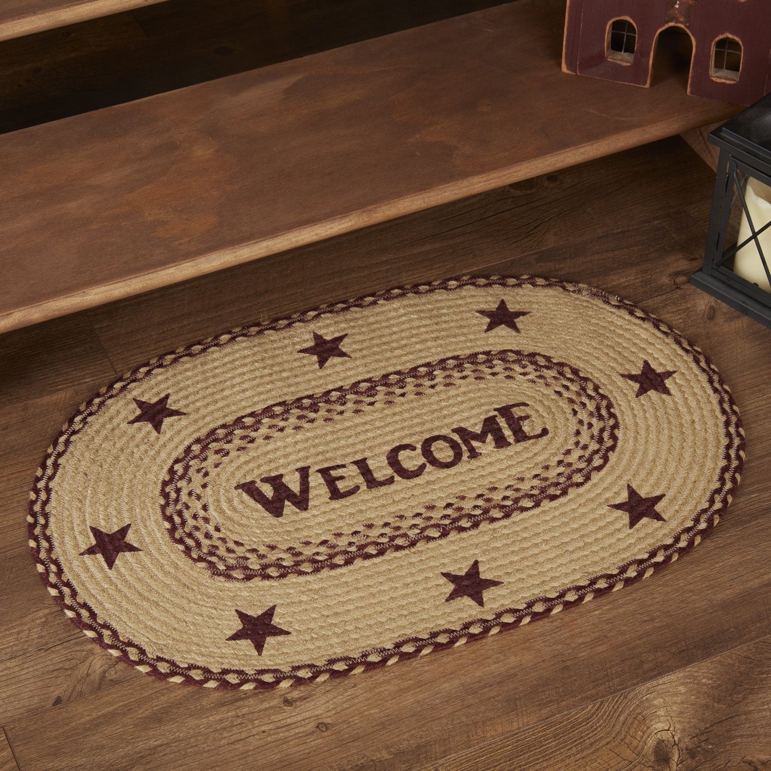 Burgundy and Tan "Welcome" Oval Braided Rug 20x30"