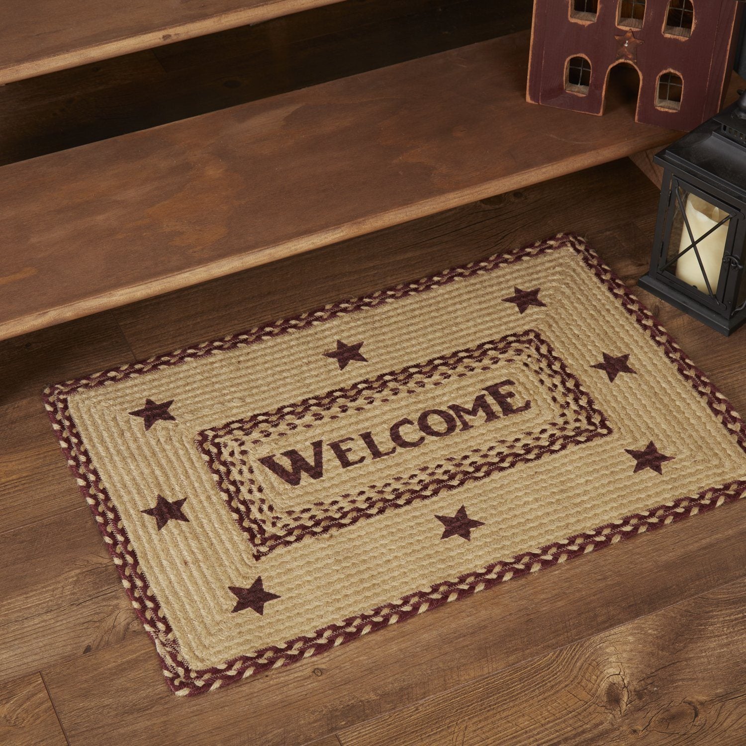 Burgundy and Tan "Welcome" Rectangle Braided Rug 20x30" with pad