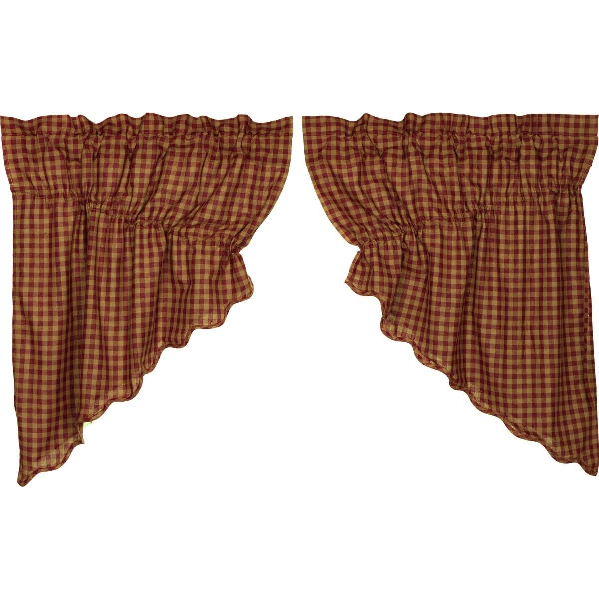 Burgundy Check Scalloped Lined Prairie Swag Curtains