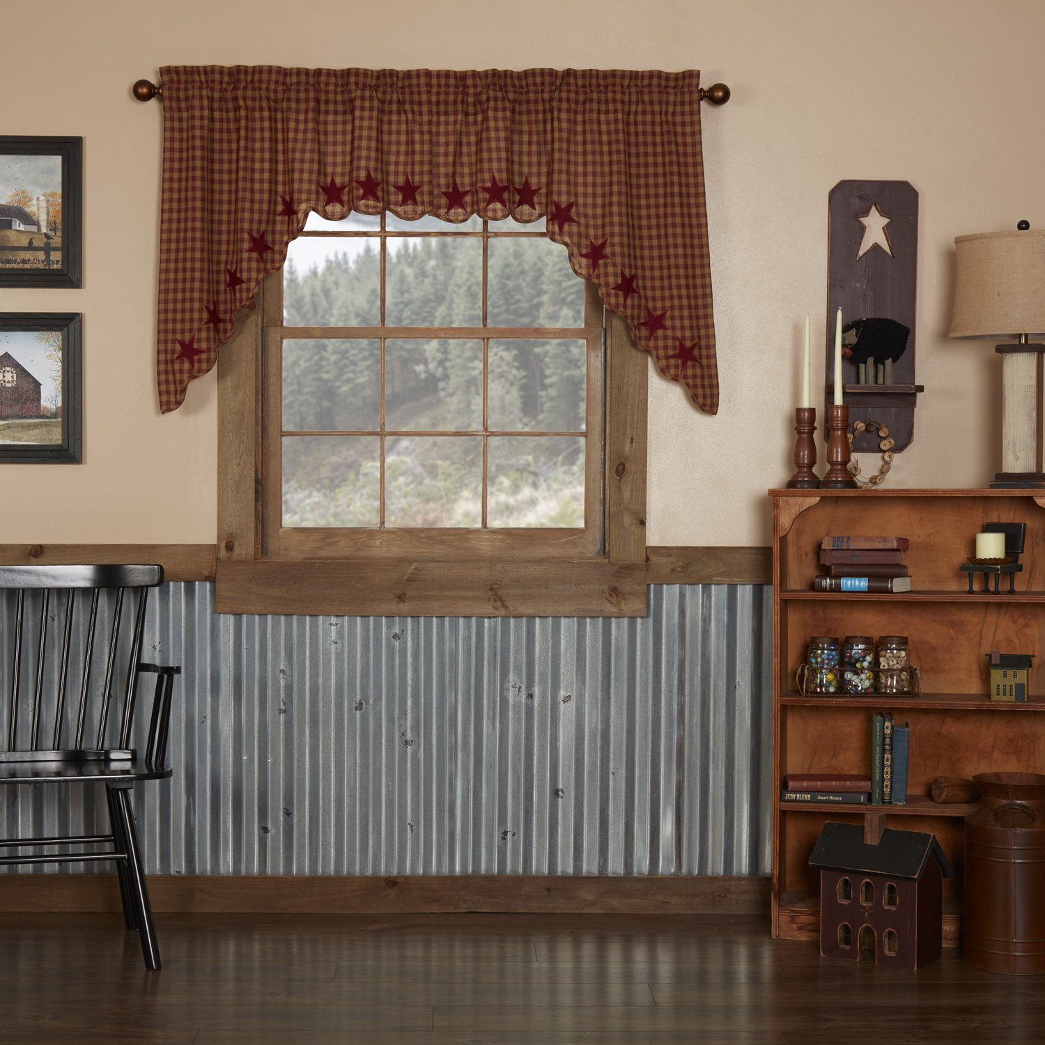 Burgundy Star Scalloped Lined Swag Curtains