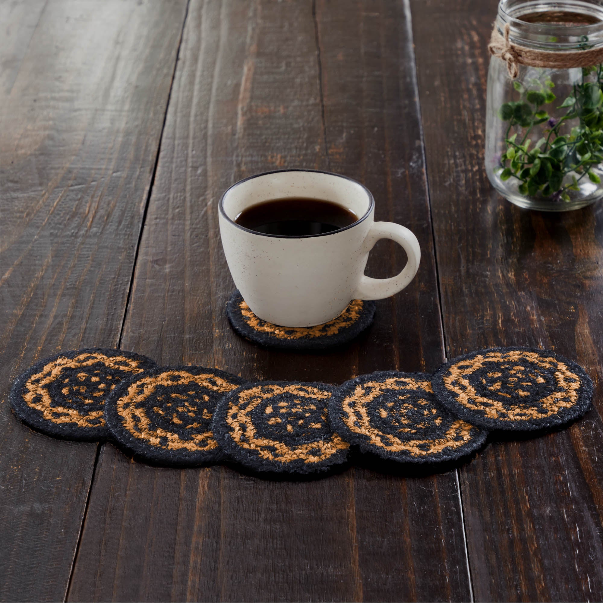 Farmhouse Black and Tan Braided Coaster 4" - Set of 6