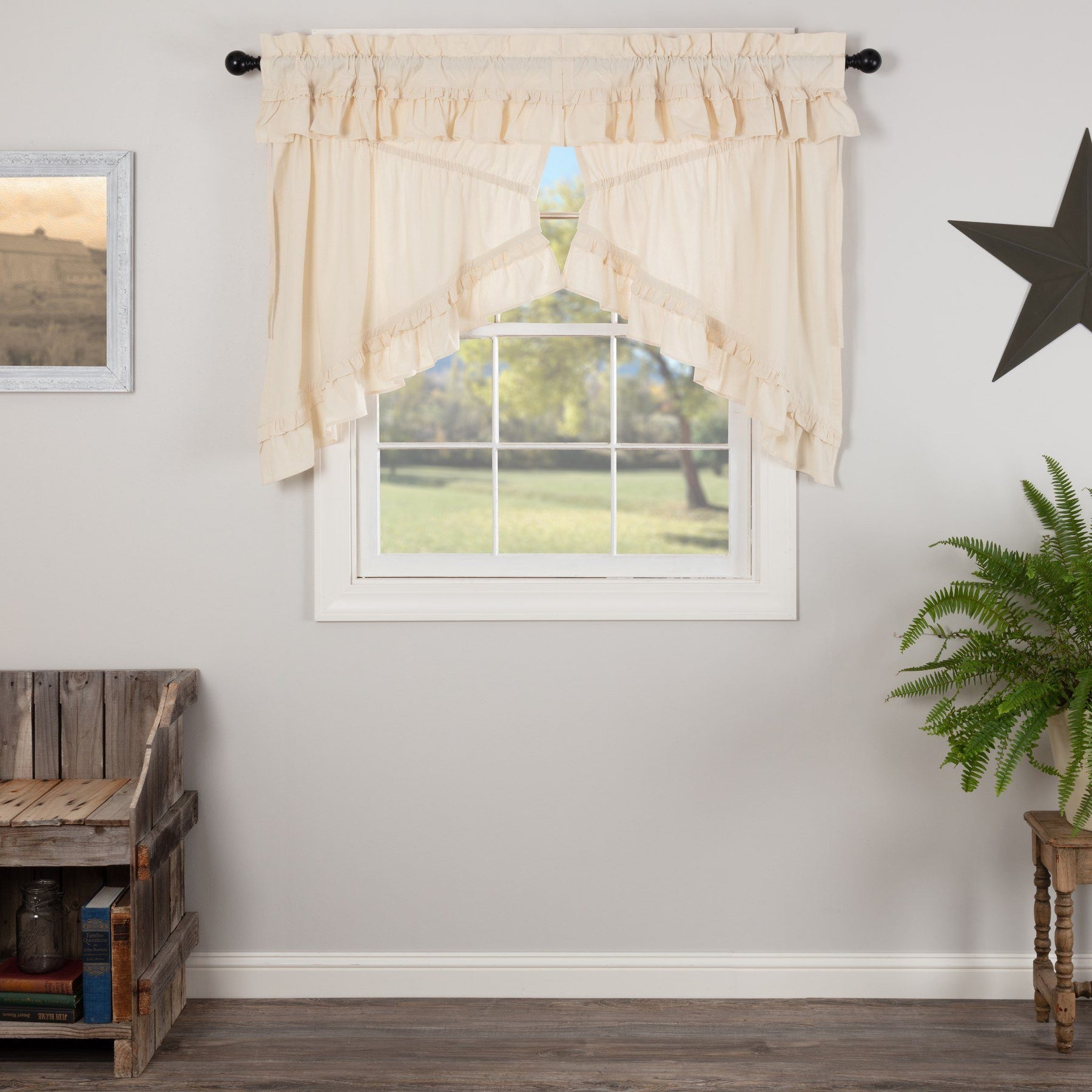 Muslin Ruffled Natural Prairie Swag Curtains