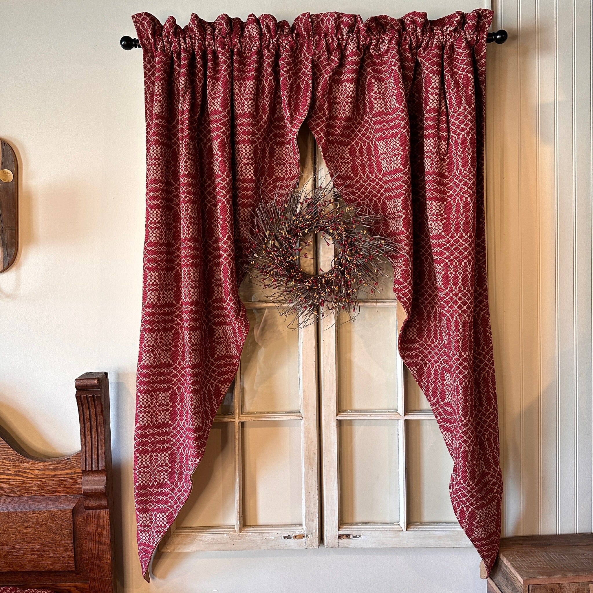 Pine Creek Nantucket Cranberry and Tan Woven Long Swag Curtain 63"