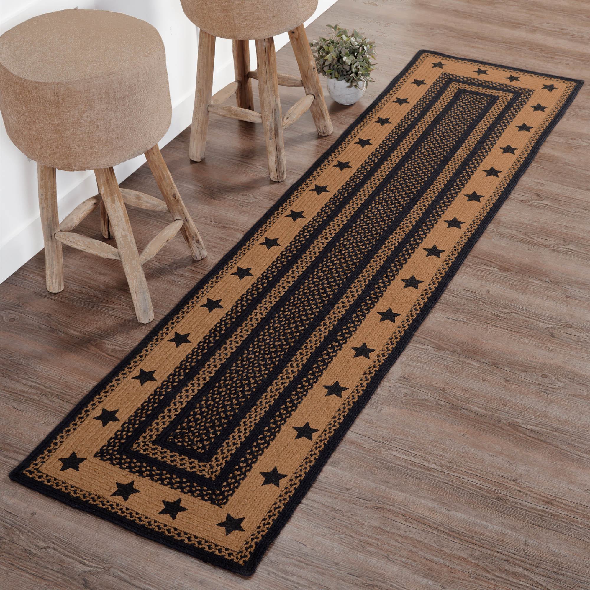 Farmhouse Star Rectangle Braided Rug 24x96" Runner - with Pad