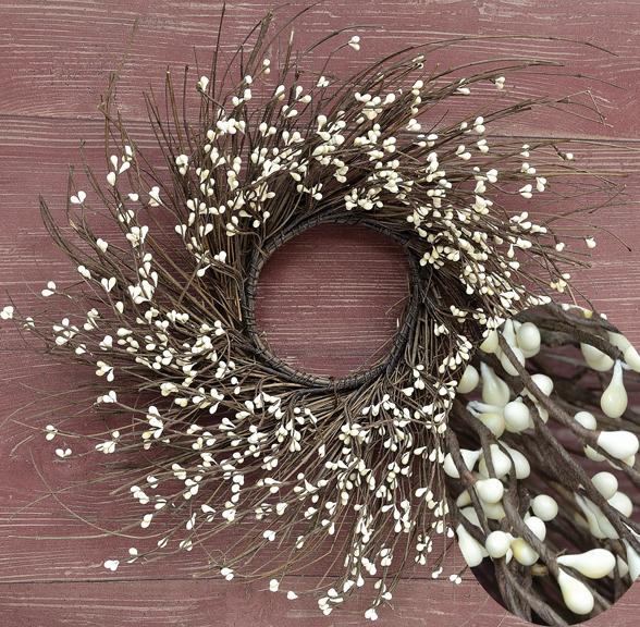 16" Twig Wreath with Ivory Pip Berries - Rustic Elegance